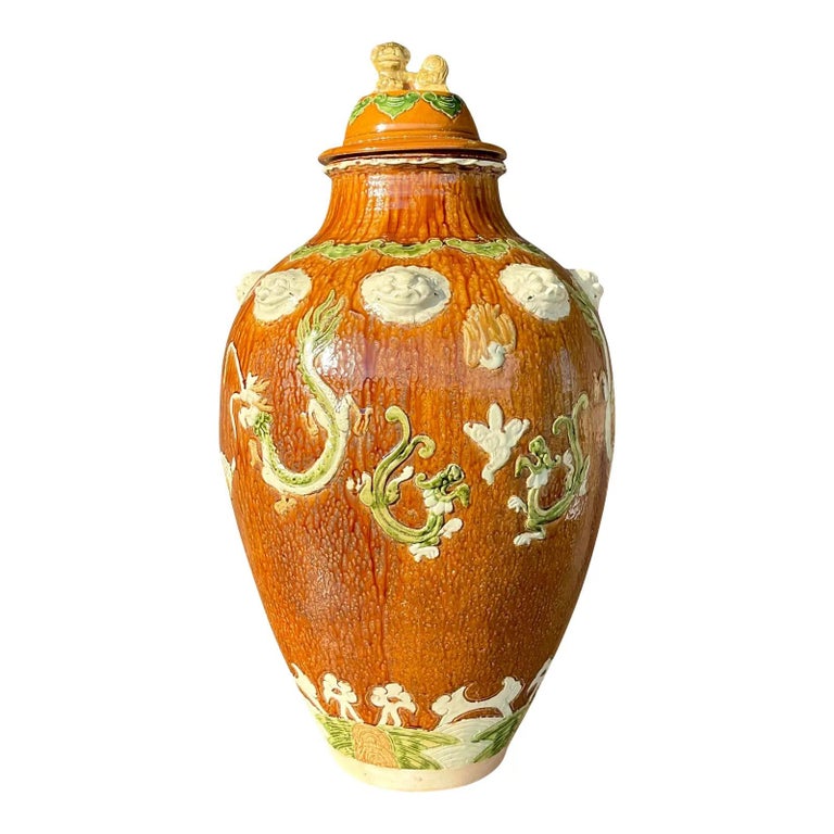 Vintage Monumental Boho Pottery Martaban Urn For Sale at 1stDibs