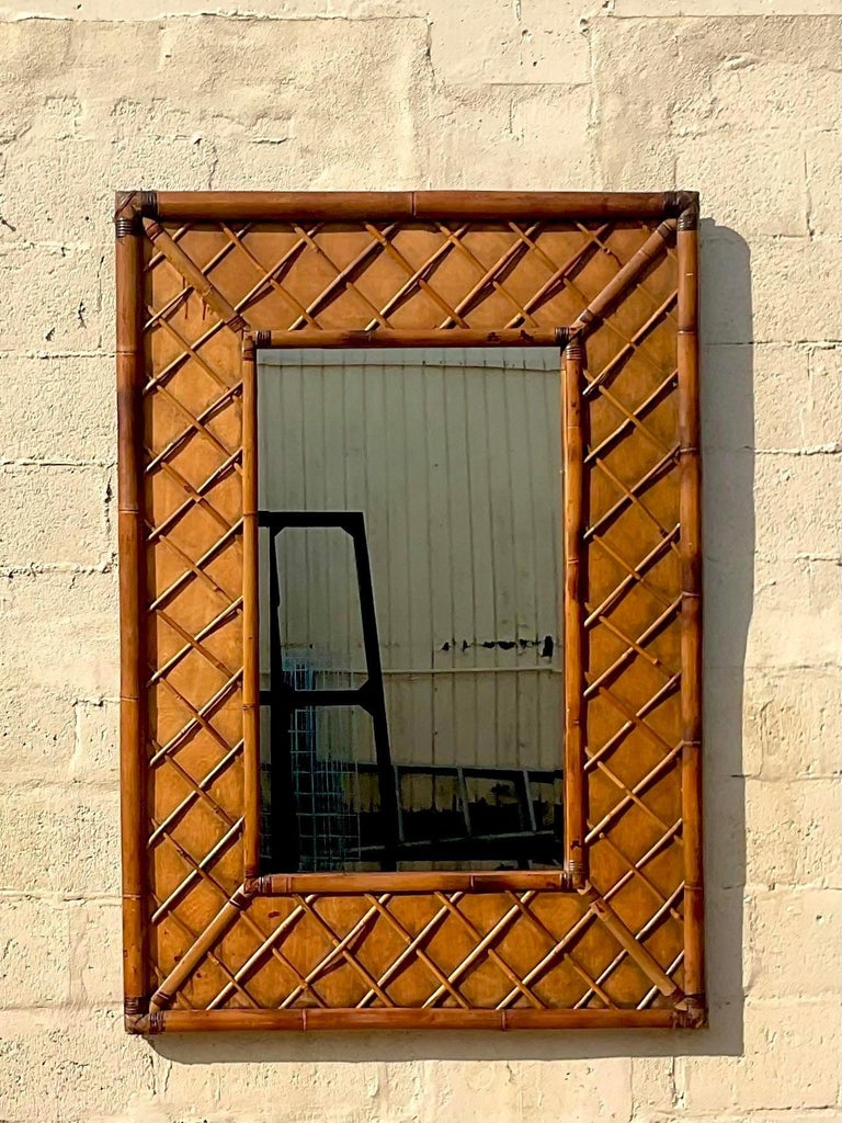 Vintage Monumental Coastal Trellis Rattan Mirror For Sale at 1stDibs