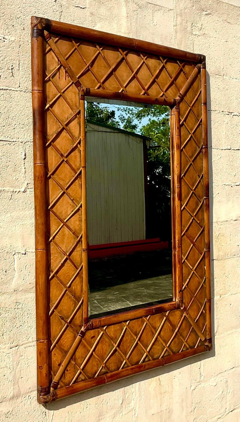 Vintage Monumental Coastal Trellis Rattan Mirror For Sale at 1stDibs