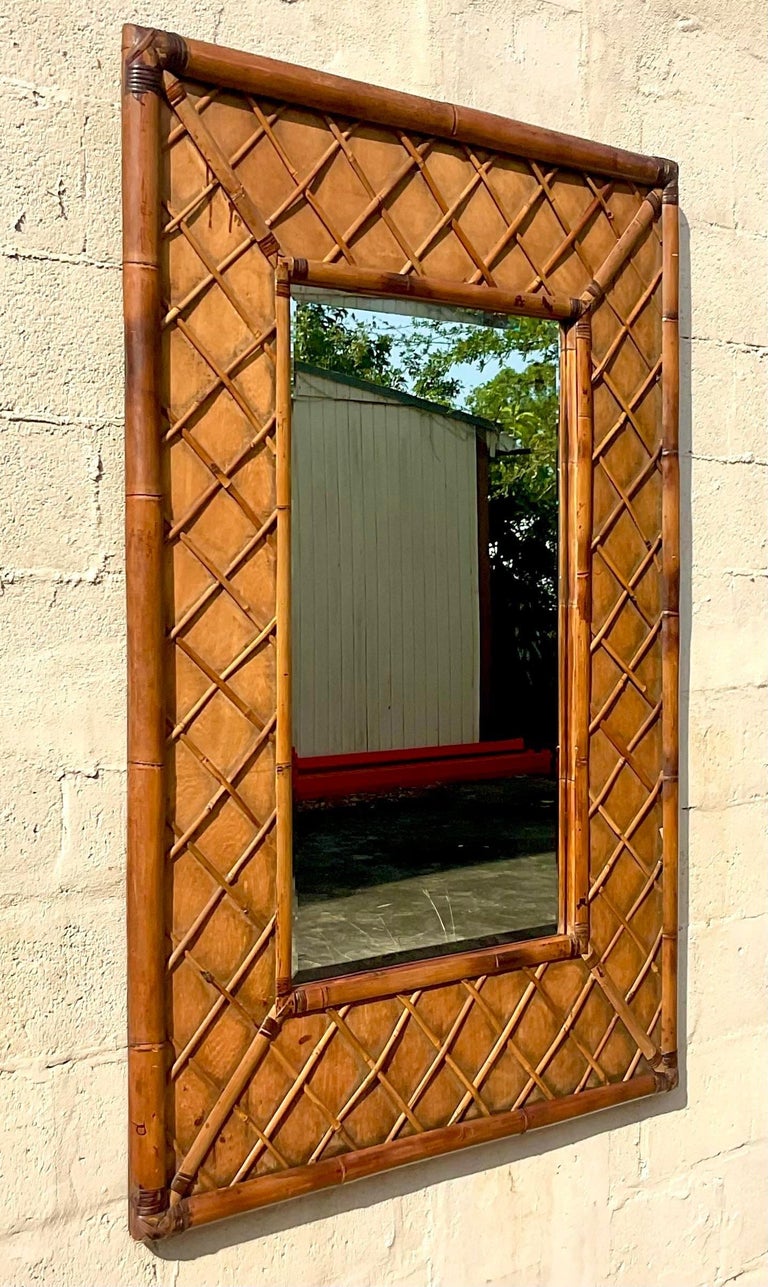 Vintage Monumental Coastal Trellis Rattan Mirror For Sale at 1stDibs