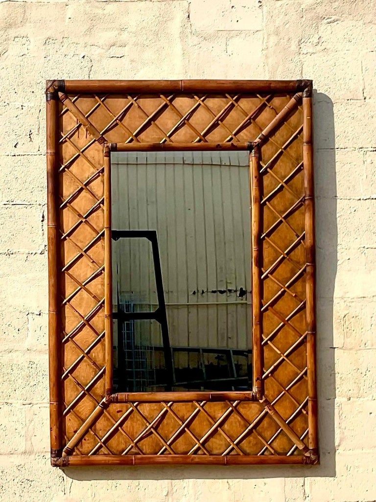 Vintage Monumental Coastal Trellis Rattan Mirror For Sale at 1stDibs