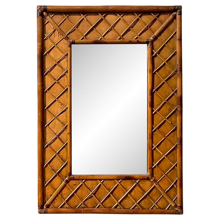 Vintage Monumental Coastal Trellis Rattan Mirror For Sale at 1stDibs