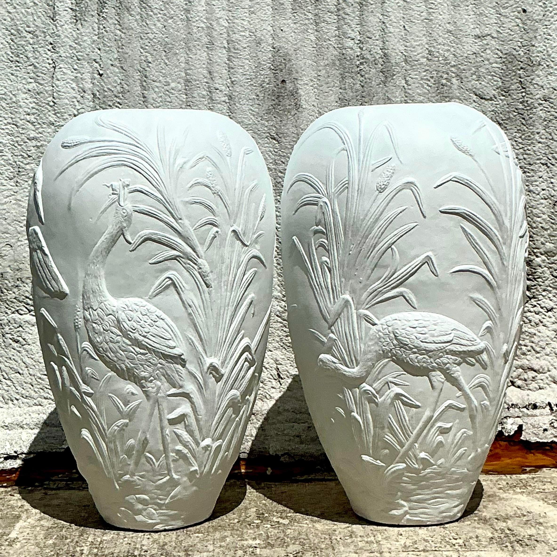 Vintage Monumental Deco Painted Crane Plaster Over Fiberglass Vase - a ...
