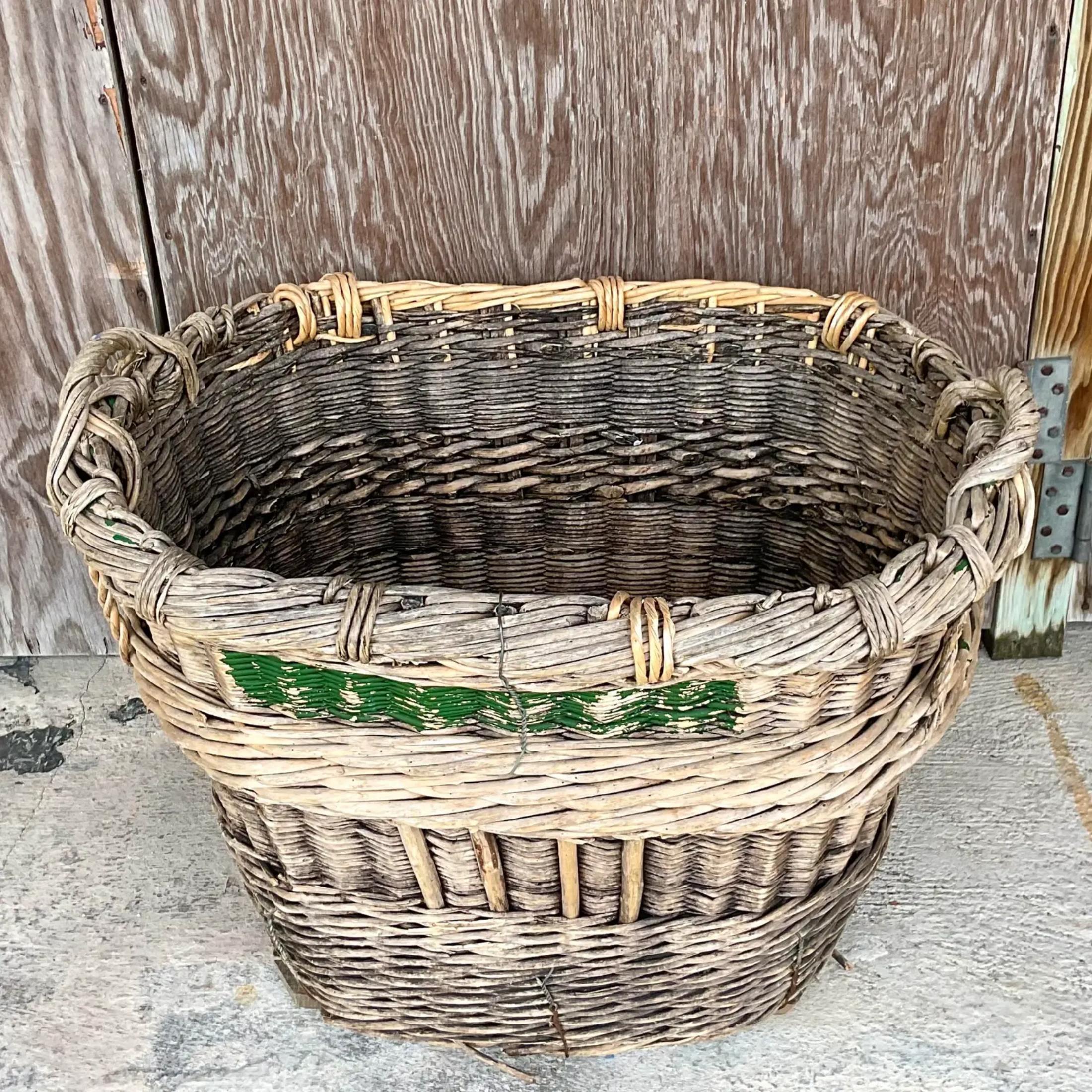 Vintage Monumental French Woven Rattan Basket For Sale at 1stDibs