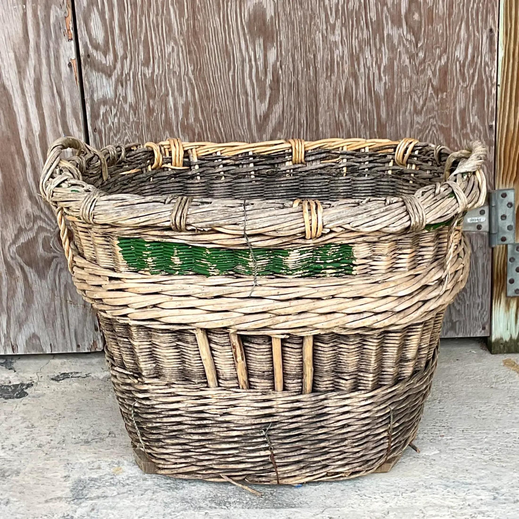 Vintage Monumental French Woven Rattan Basket For Sale at 1stDibs