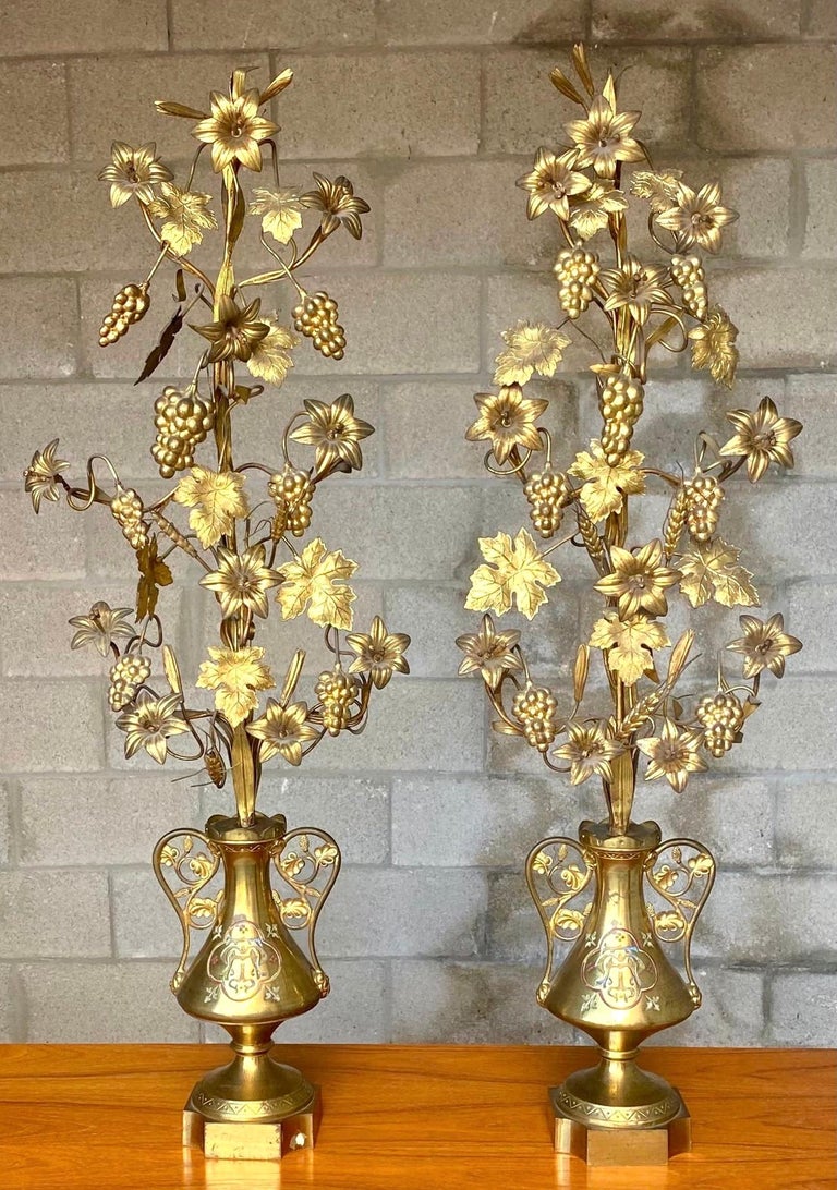 Vintage Monumental Hammered Brass Floral Towers, a Pair at 1stDibs