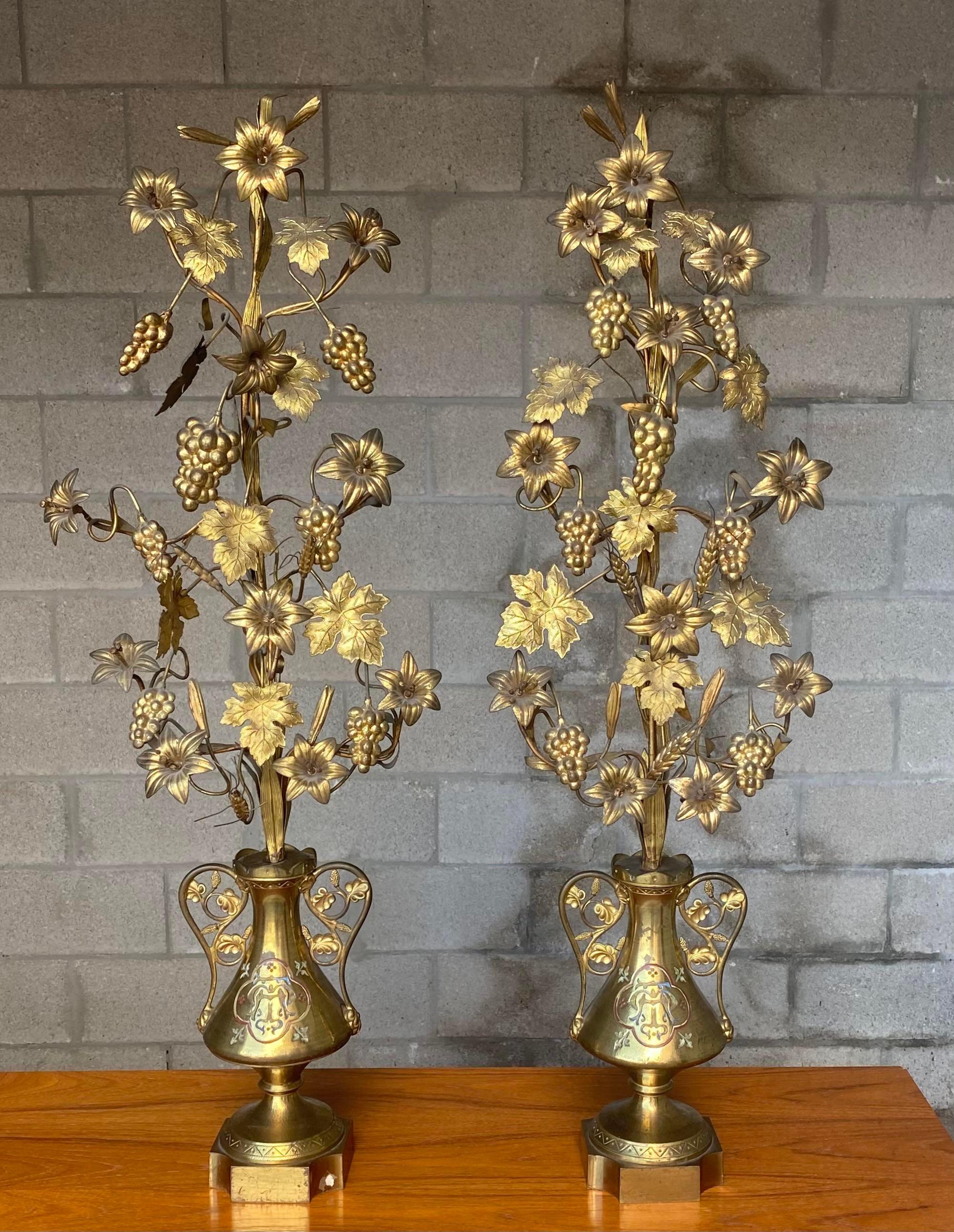 Vintage Monumental Hammered Brass Floral Towers, a Pair For Sale at 1stDibs