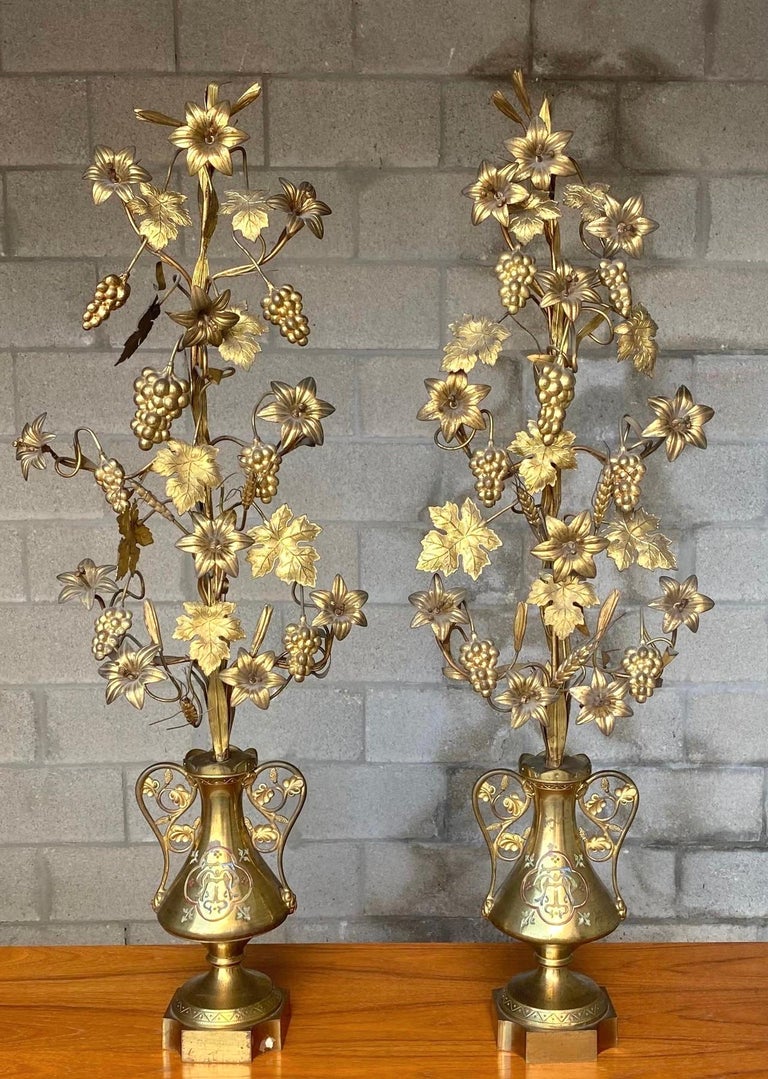 Vintage Monumental Hammered Brass Floral Towers, a Pair For Sale at 1stDibs