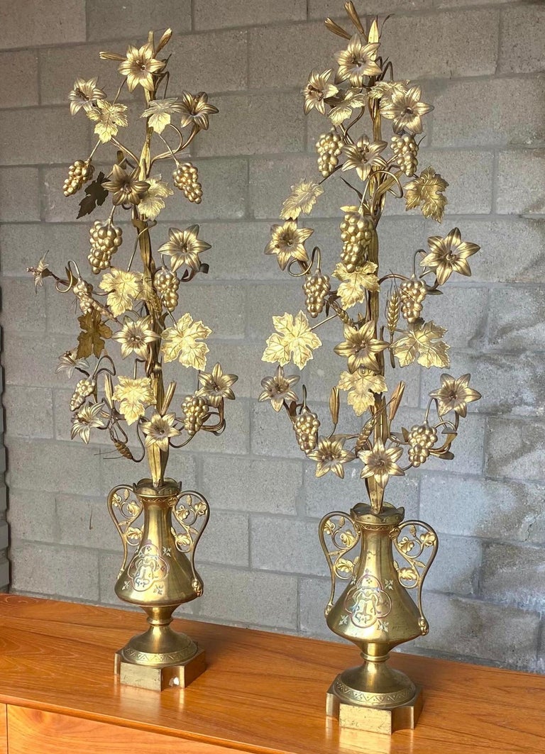 Vintage Monumental Hammered Brass Floral Towers, a Pair at 1stDibs