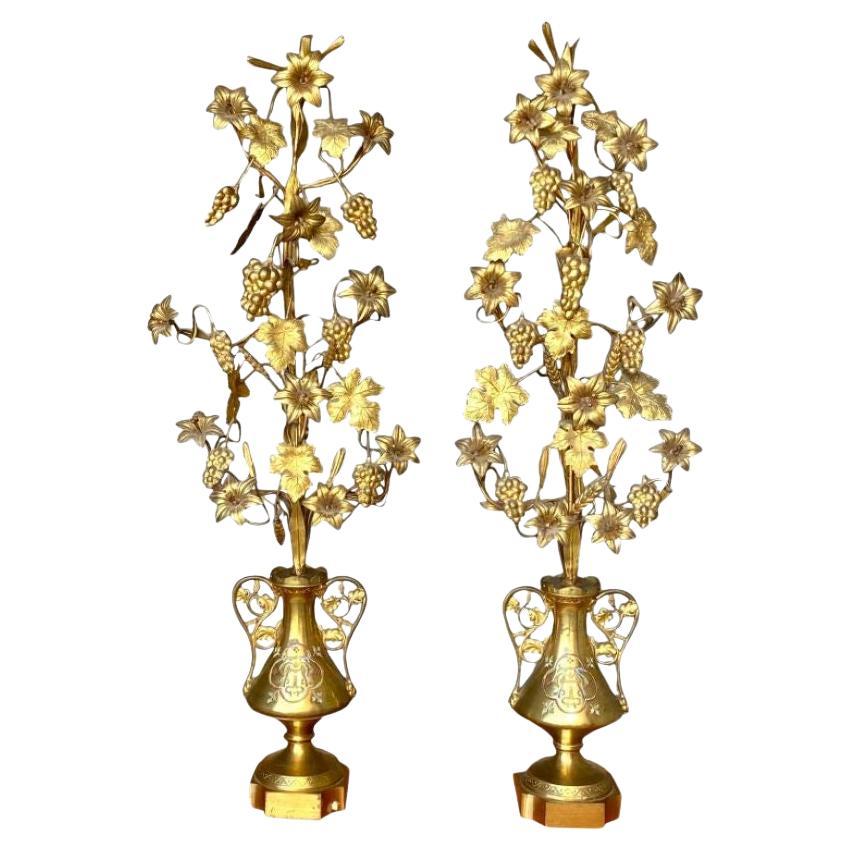 Vintage Monumental Hammered Brass Floral Towers, a Pair For Sale at 1stDibs