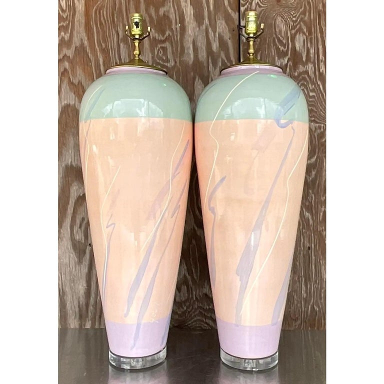 Vintage Monumental Hand Painted Pastel Table Lamps For Sale at 1stDibs
