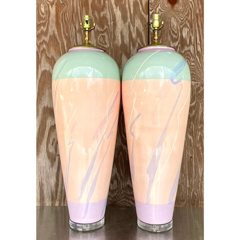 Vintage Monumental Hand Painted Pastel Table Lamps For Sale at 1stDibs