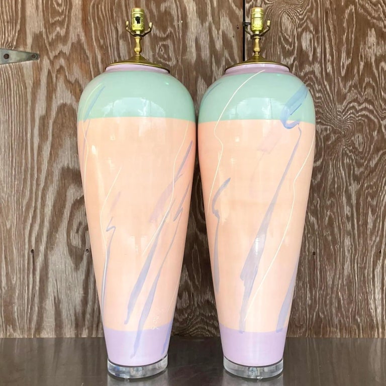 Vintage Monumental Hand Painted Pastel Table Lamps For Sale at 1stDibs