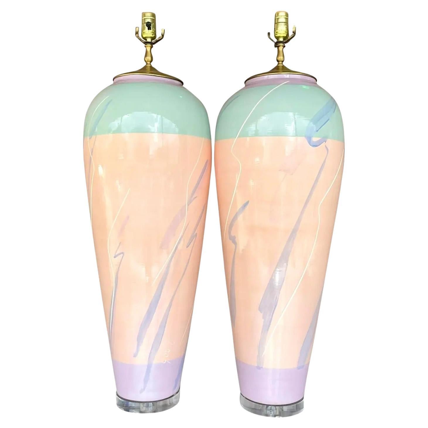 Vintage Monumental Hand Painted Pastel Table Lamps For Sale at 1stDibs