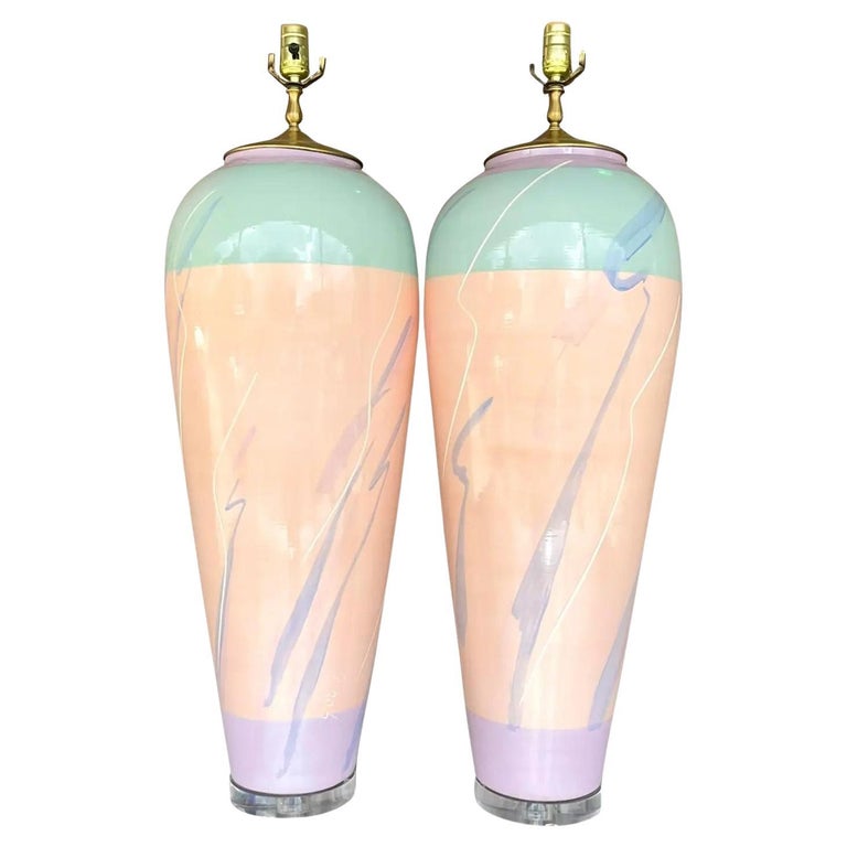 Vintage Monumental Hand Painted Pastel Table Lamps For Sale at 1stDibs