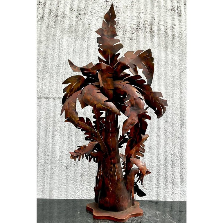 Vintage Monumental Patinated Punch Cut Palm Tree Lamp For Sale at 1stDibs