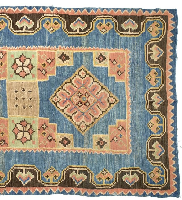 Vintage Moroccan Blue Kilim Rug with Geometric Border and Two Diamond ...