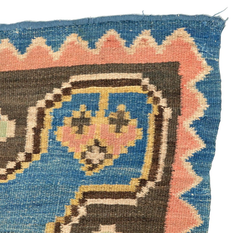 Vintage Moroccan Blue Kilim Rug with Geometric Border and Two Diamond ...