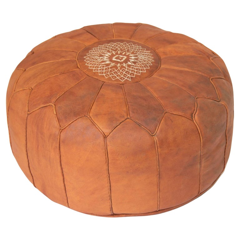 Vintage Moroccan Brown Leather Pouf For Sale at 1stDibs
