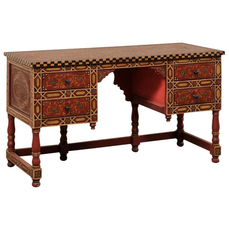 Vintage Moroccan Desk with Drawers, Beautifully Painted with Arched ...