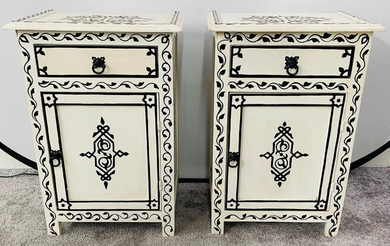 Vintage Moroccan Hand Painted Nightstand or End Table in Black and ...