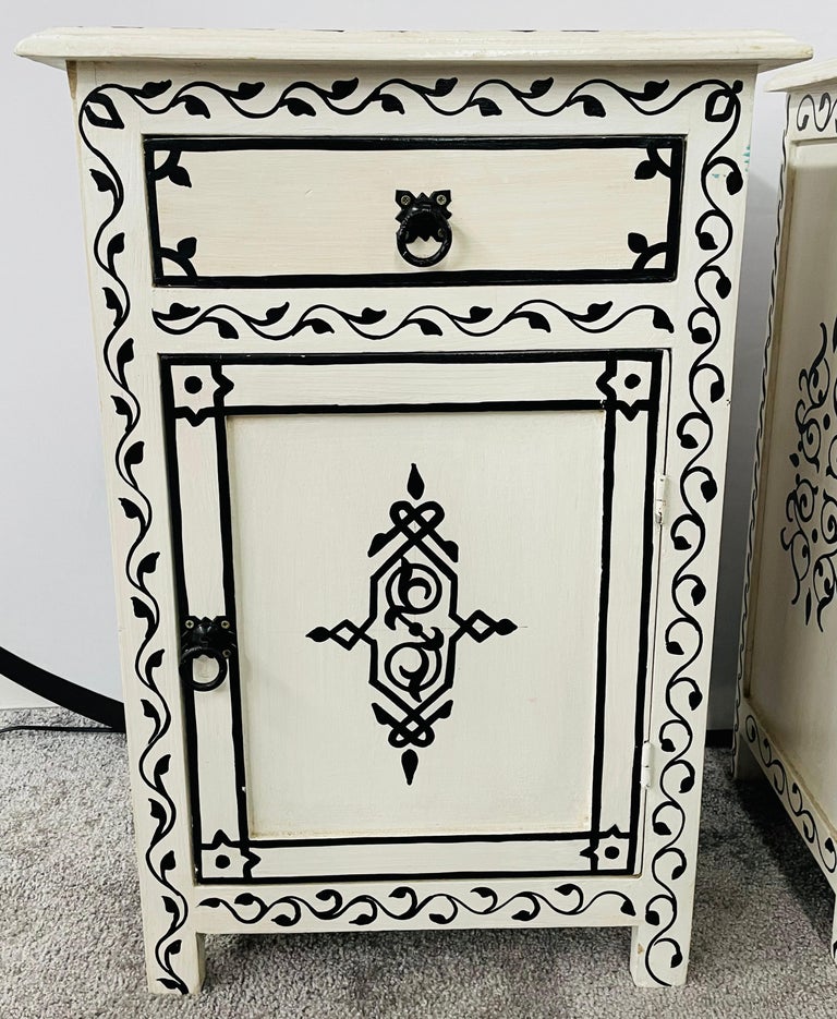 Vintage Moroccan Hand Painted Nightstand or End Table in Black and ...