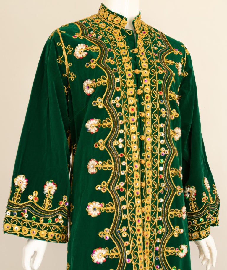 Vintage Moroccan Kaftan Green Velvet Embroidered 1960s at 1stDibs | velvet moroccan kaftan