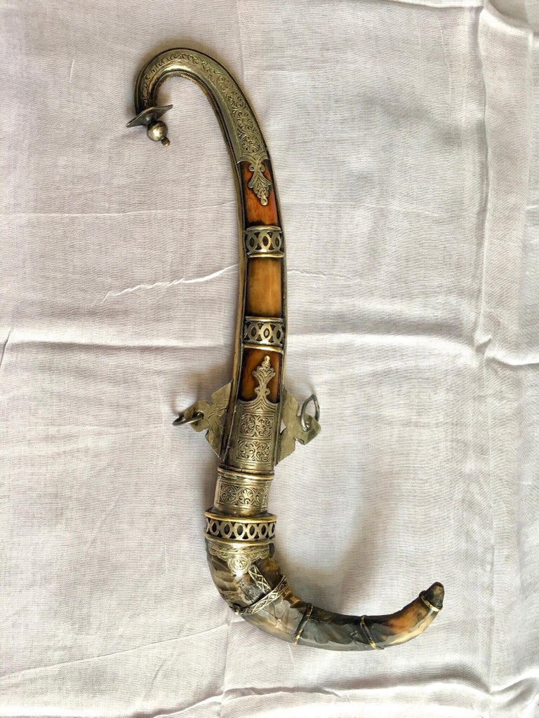 Vintage Moroccan Khanjar Dagger Knife Curved Blade Weapon Bone, Horn ...