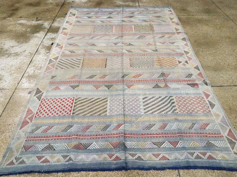 Silk Moroccan Boho-Chic Flatweave Rug In A Slate Blue Shade For Sale at ...