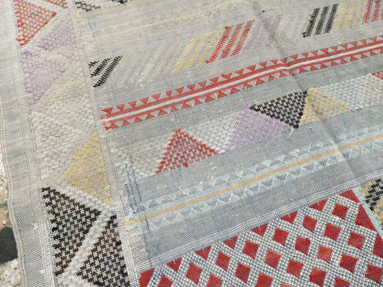 Silk Moroccan Boho-Chic Flatweave Rug In A Slate Blue Shade For Sale at ...