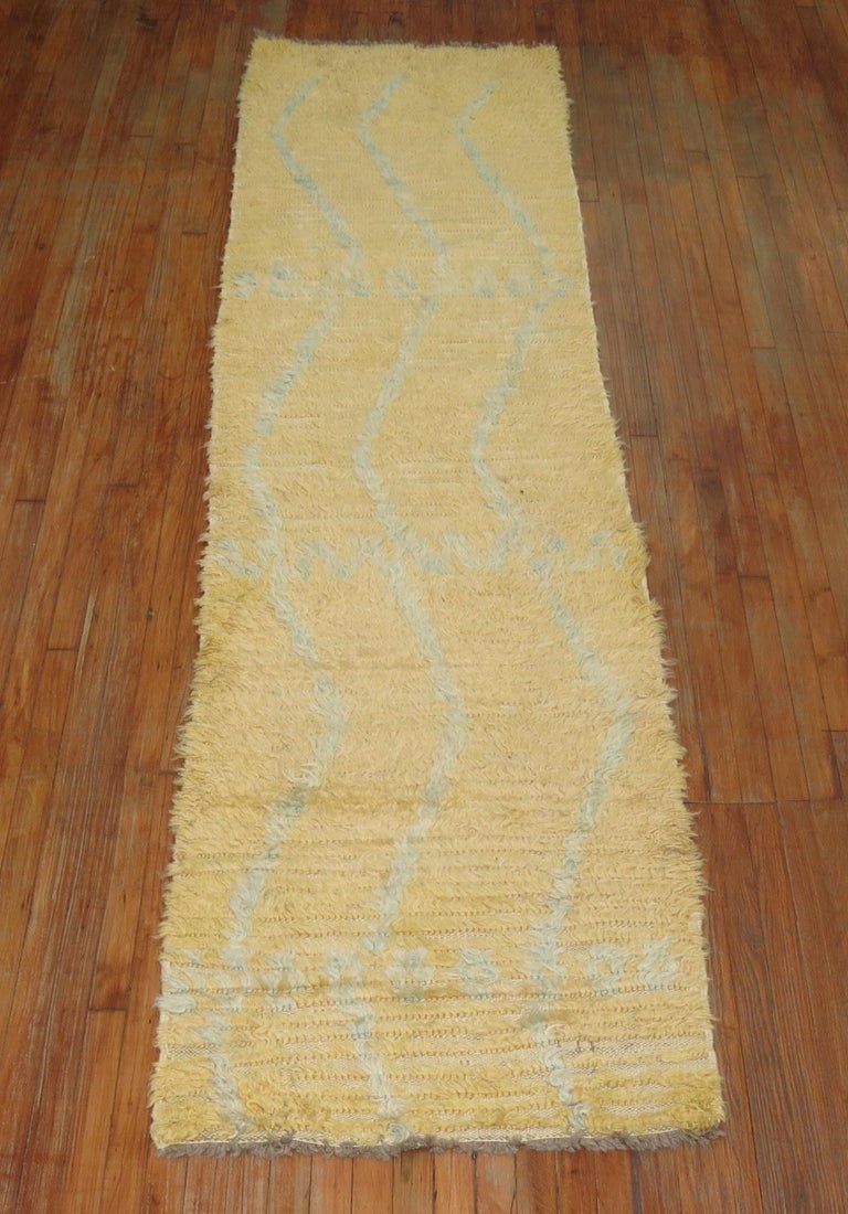 Gold Aqua Blue 20th century Shag Wool Moroccan 10 Foot Runner For Sale ...