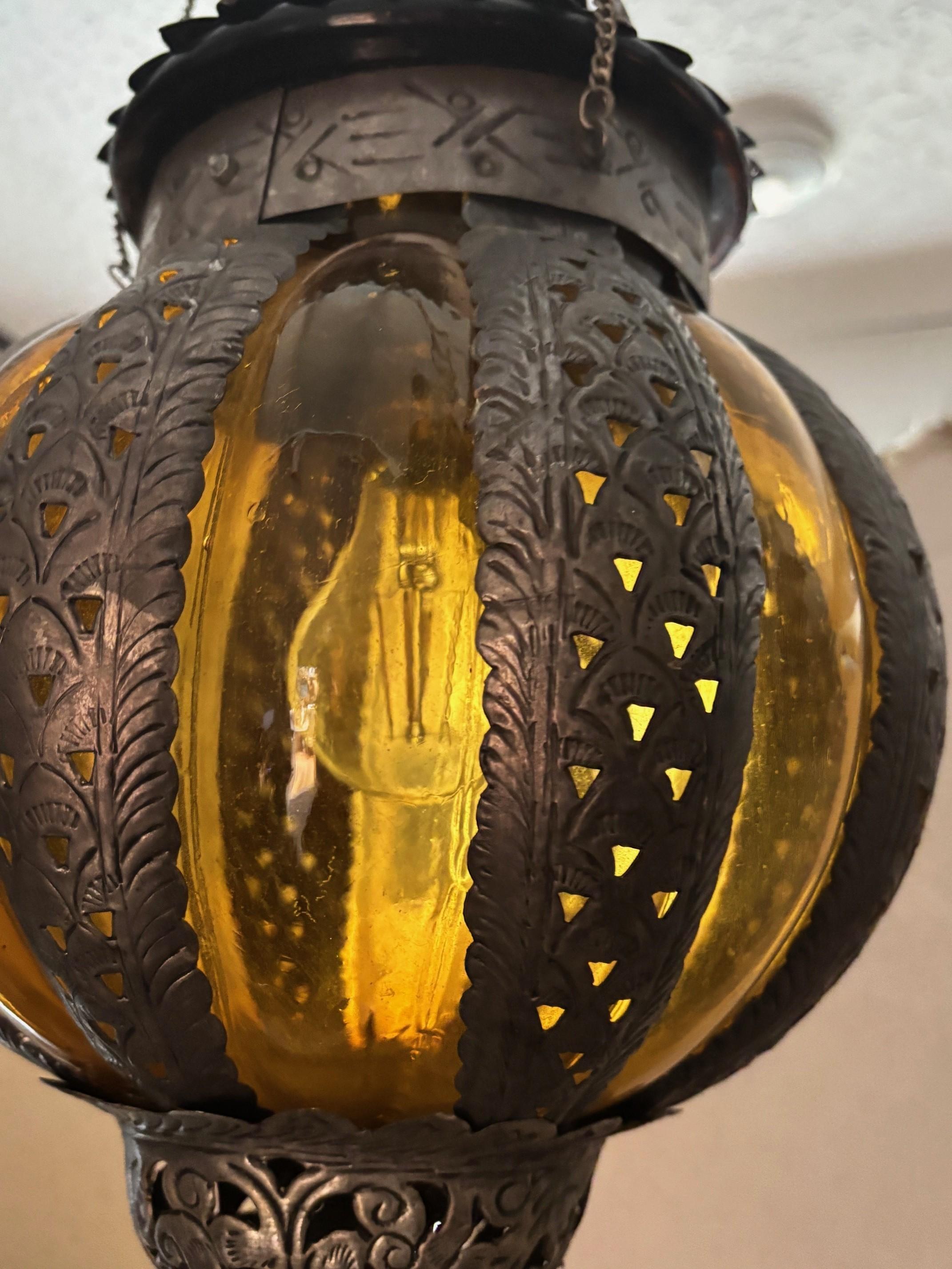 Vintage Moroccan Style Silvered Brass Panel with Glass Hanging Pendant ...