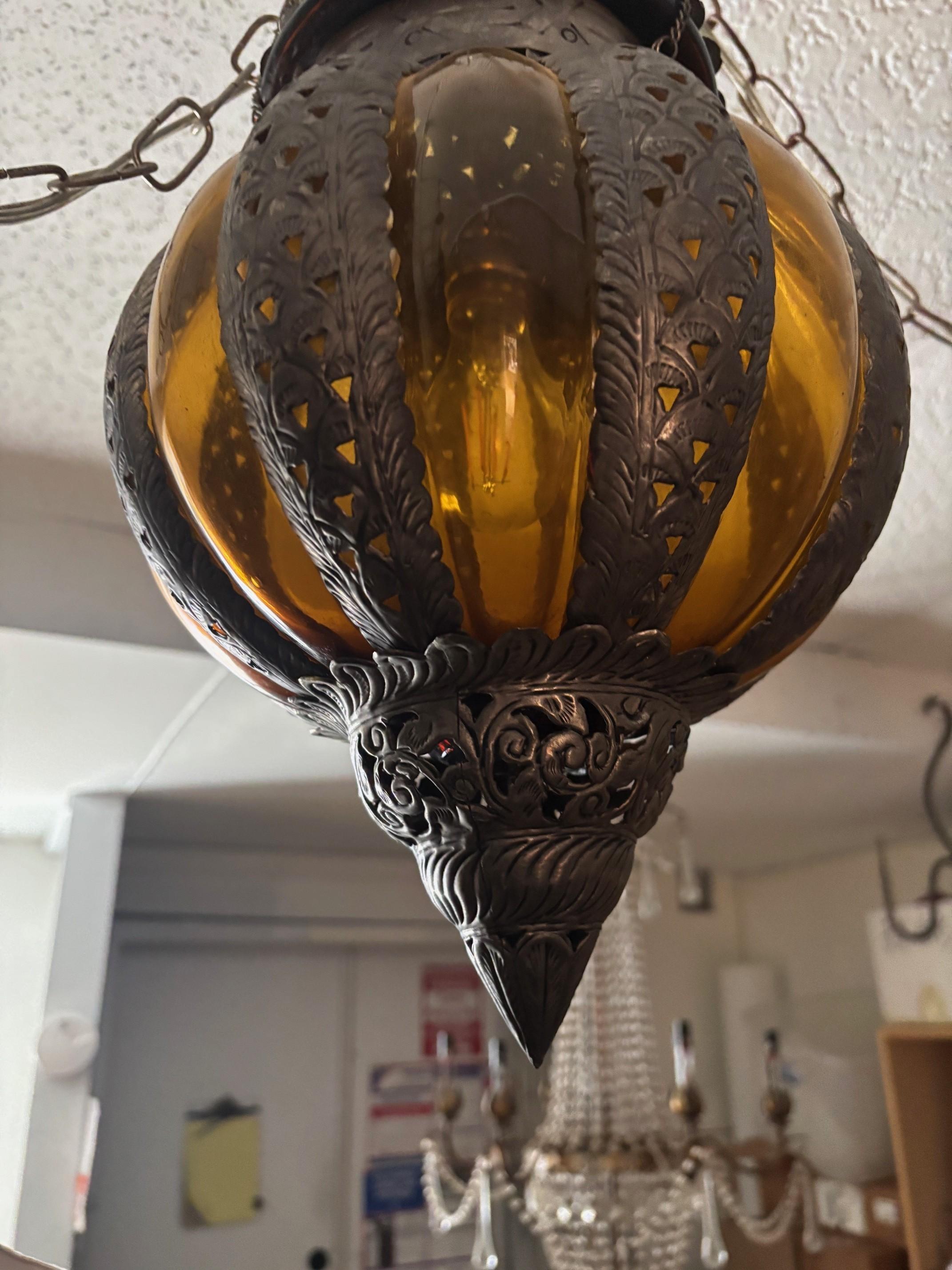 Vintage Moroccan Style Silvered Brass Panel with Glass Hanging Pendant ...