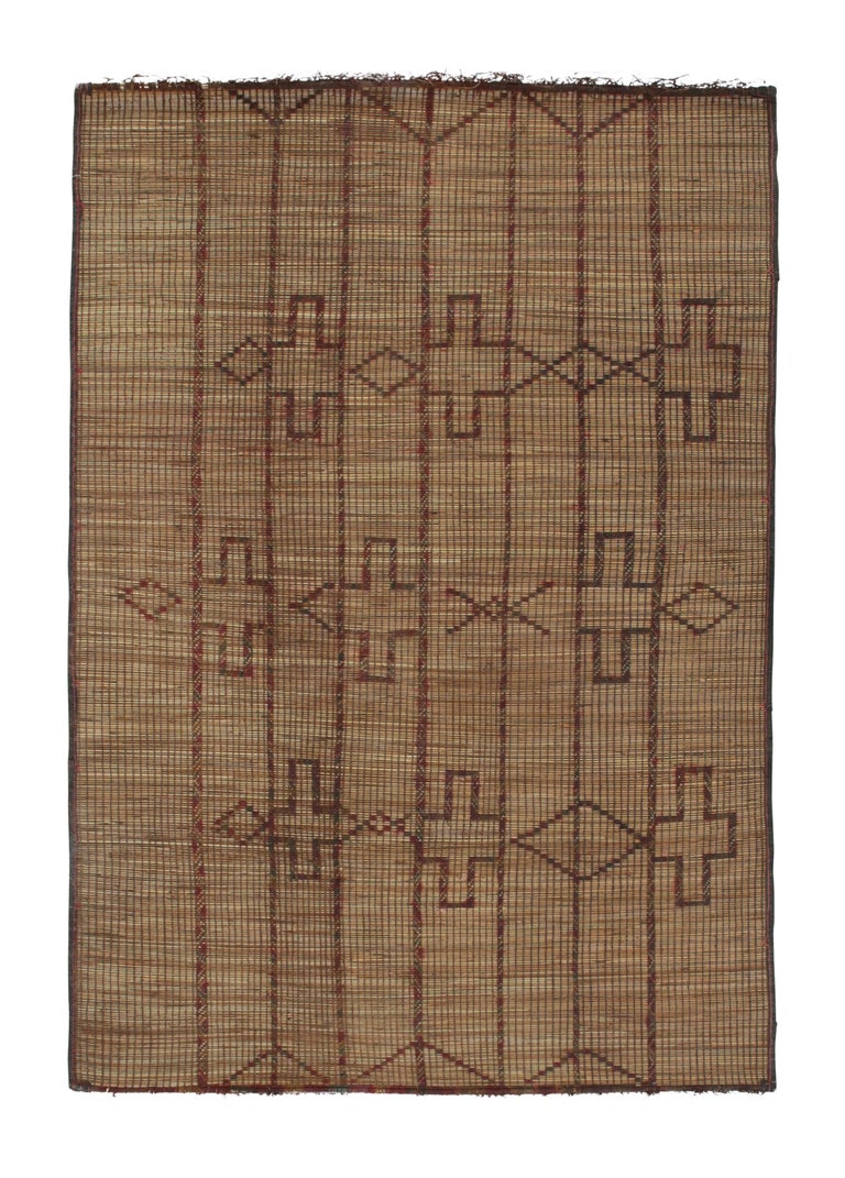Vintage Moroccan Tuareg Mat Rug in Beige-Brown Geometric Patterns For ...