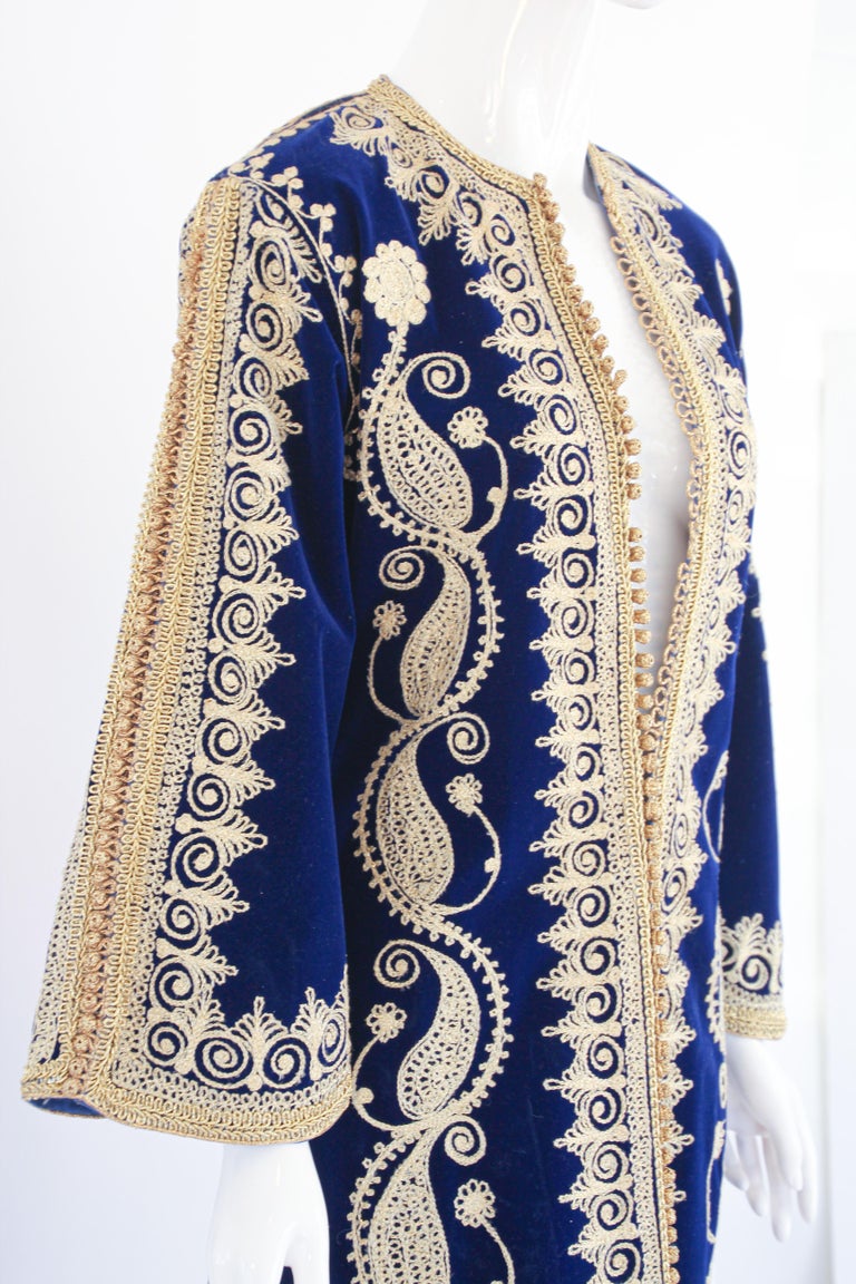 Vintage Moroccan Velvet Kaftan Blue and Gold Embroidered Caftan 1960's ...