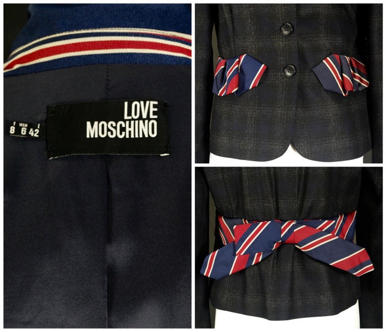 Vintage MOSCHINO Necktie Plaid Novelty Blazer Jacket For Sale at 1stDibs