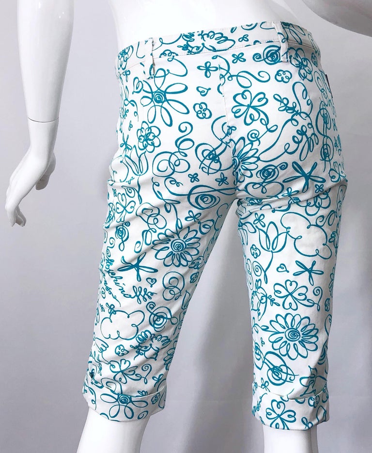 Vintage Moschino Size 6 Turquoise Blue and White Novelty Clam Digger ...