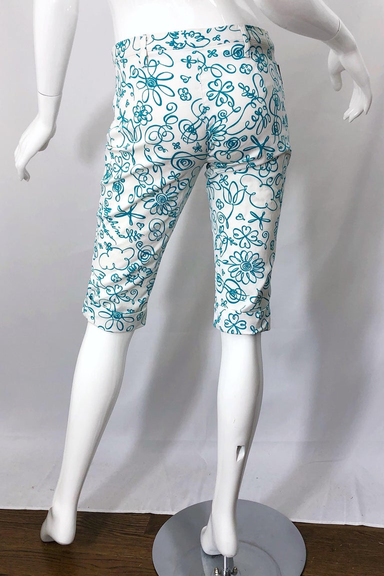 Vintage Moschino Size 6 Turquoise Blue and White Novelty Clam Digger ...