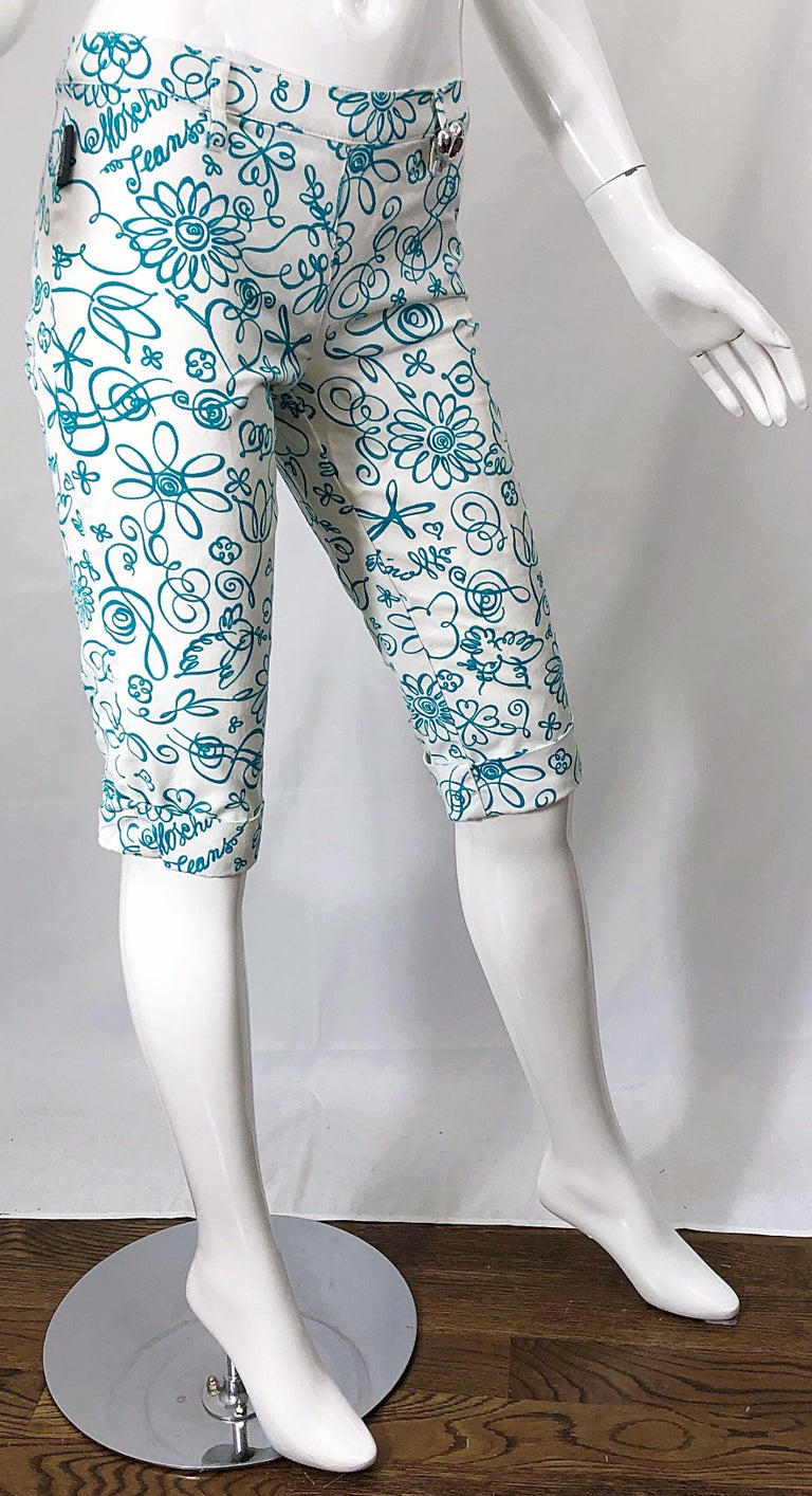 Vintage Moschino Size 6 Turquoise Blue and White Novelty Clam Digger ...