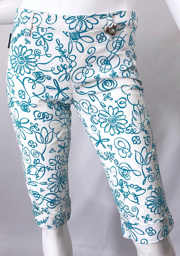 Vintage Moschino Size 6 Turquoise Blue and White Novelty Clam Digger ...