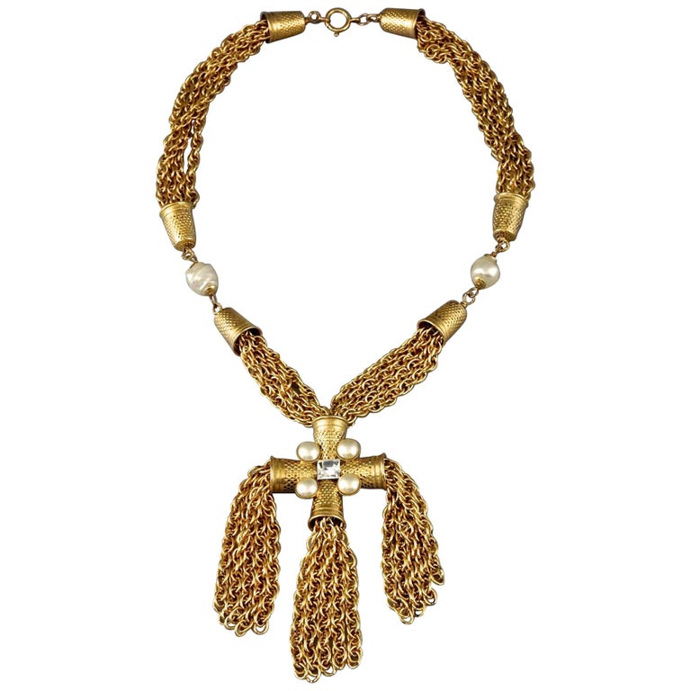 Vintage Moschino Thimble Cross Cascading Tassel Fringe Chain Necklace At 1stdibs