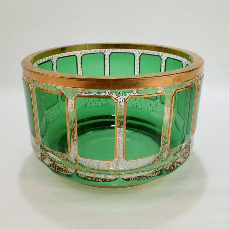 Vintage Moser Gilt Glass Bowl with Green Cabochons For Sale at 1stDibs