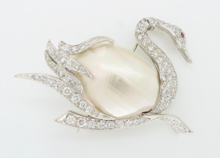 Vintage Mother of Pearl, Diamond, and Ruby Swan Brooch For Sale at 1stDibs