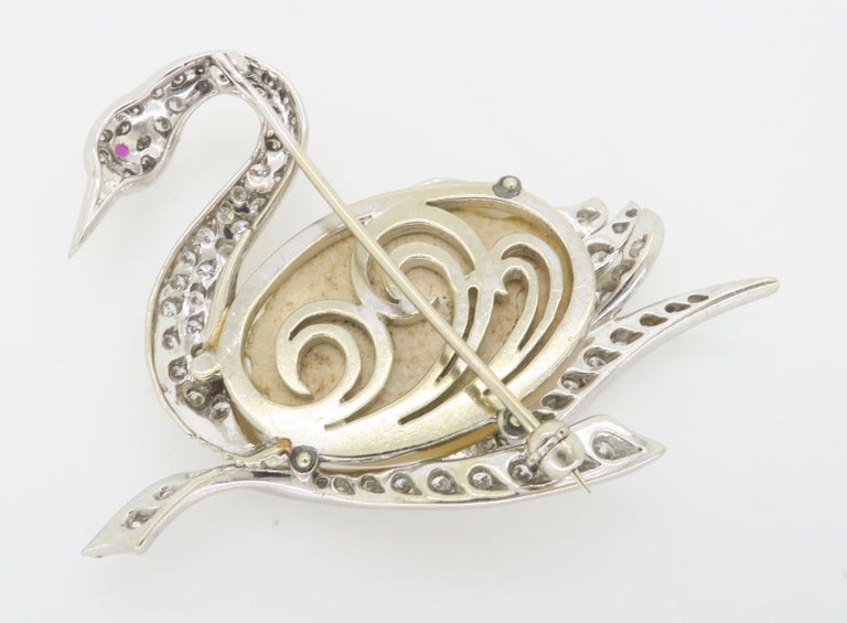 Vintage Mother of Pearl, Diamond, and Ruby Swan Brooch For Sale at 1stDibs
