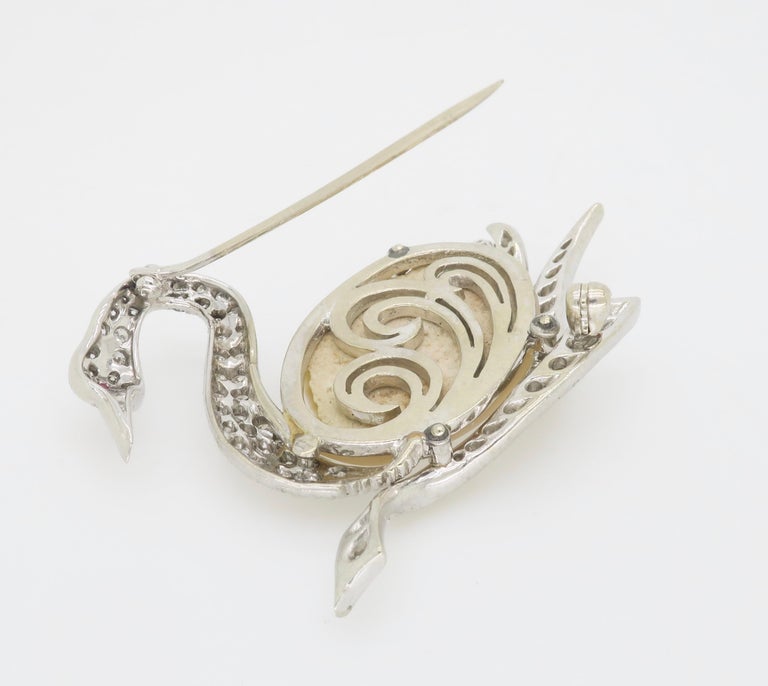Vintage Mother of Pearl, Diamond, and Ruby Swan Brooch For Sale at 1stDibs