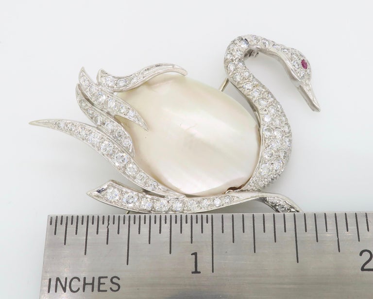 Vintage Mother of Pearl, Diamond, and Ruby Swan Brooch For Sale at 1stDibs