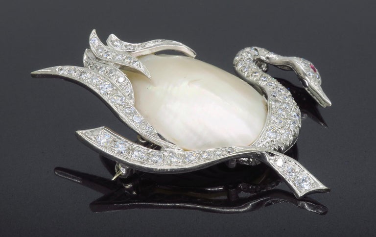 Vintage Mother of Pearl, Diamond, and Ruby Swan Brooch For Sale at 1stDibs