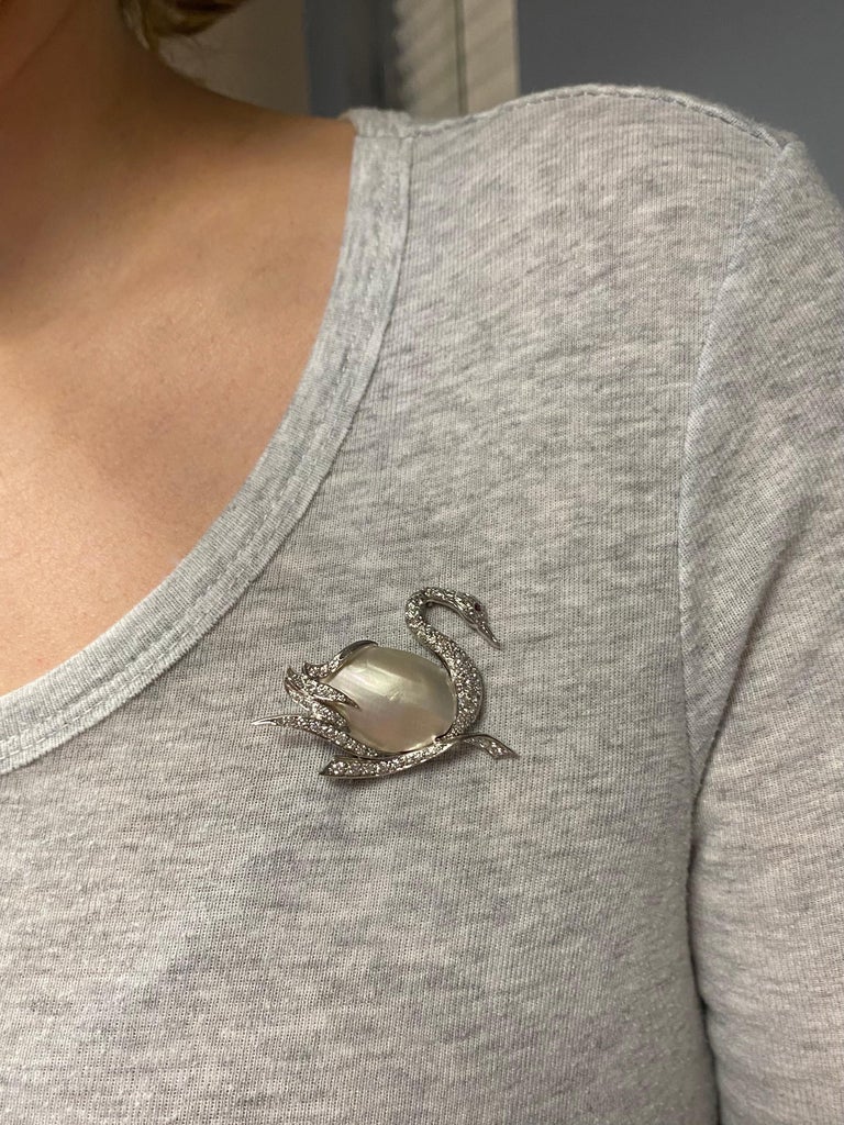 Vintage Mother of Pearl, Diamond, and Ruby Swan Brooch For Sale at 1stDibs