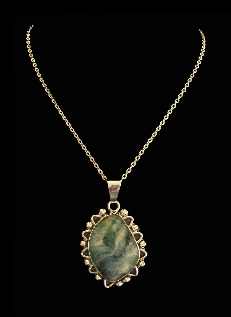 Vintage Mottled Green Jadeite and Fine Silver Pendant Necklace, Late ...