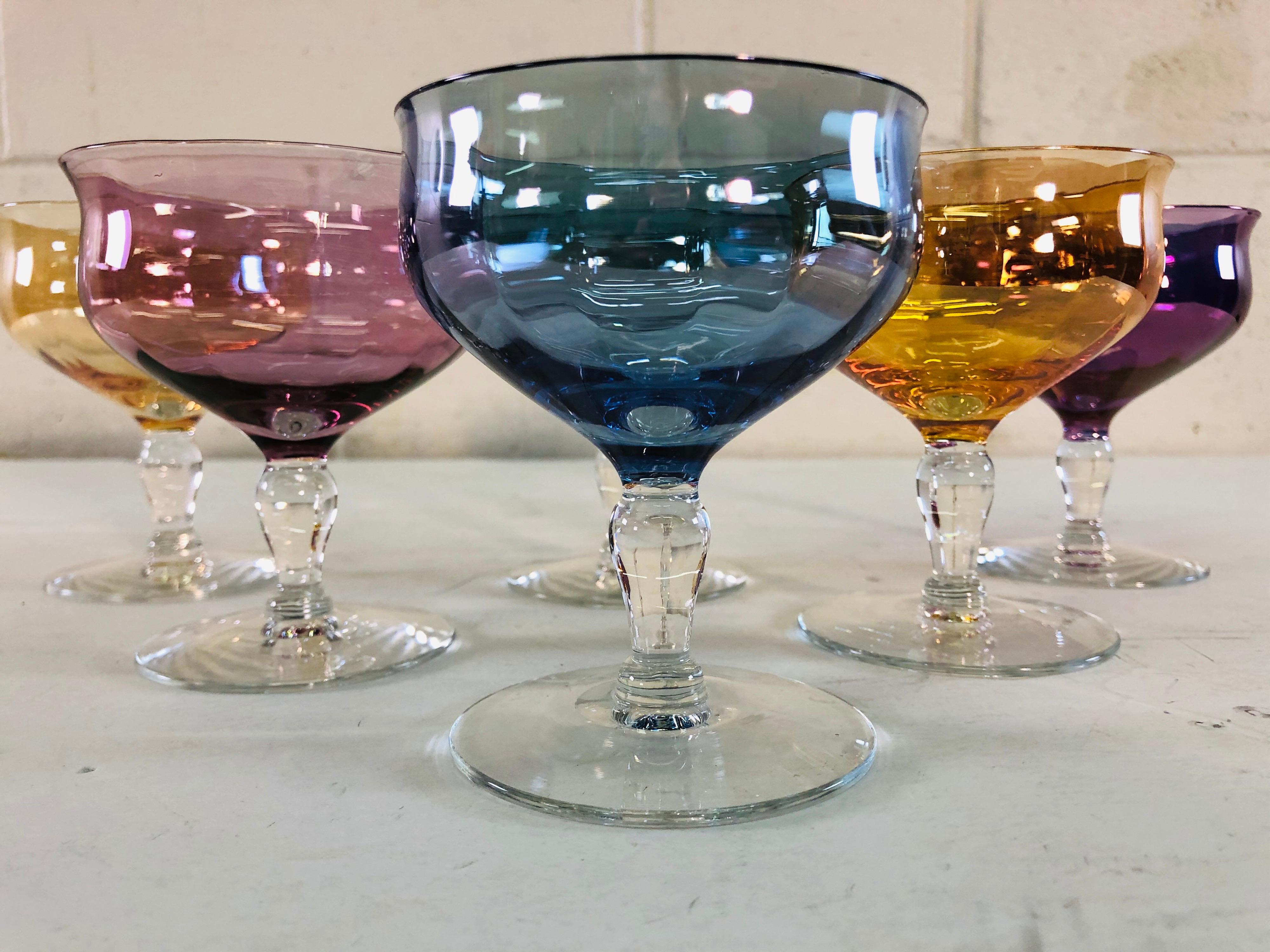 Vintage Multicolored Low Glass Iridized Coupes, Set of 6 at 1stDibs